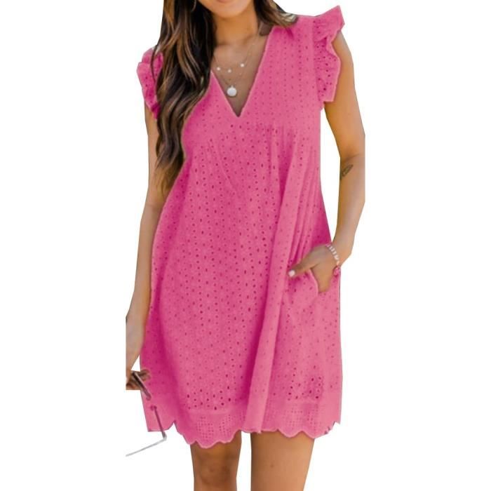 Dames Vintage Robe Femmes Dentelle Robes D'Été Courtes Col en V Casual ...