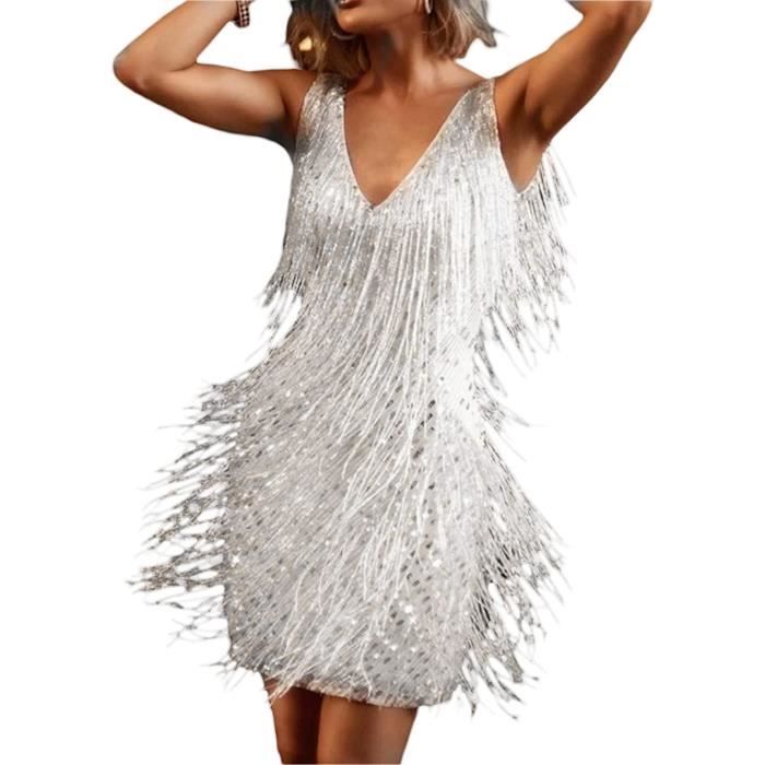 Robe paillettes robe latine avec franges - Marque - Modèle - Blanc ...