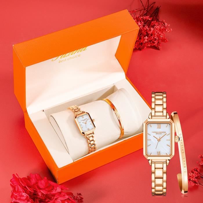 SHARPHY Coffret montre femme + bracelet - or rose cadran rectangulaire ...