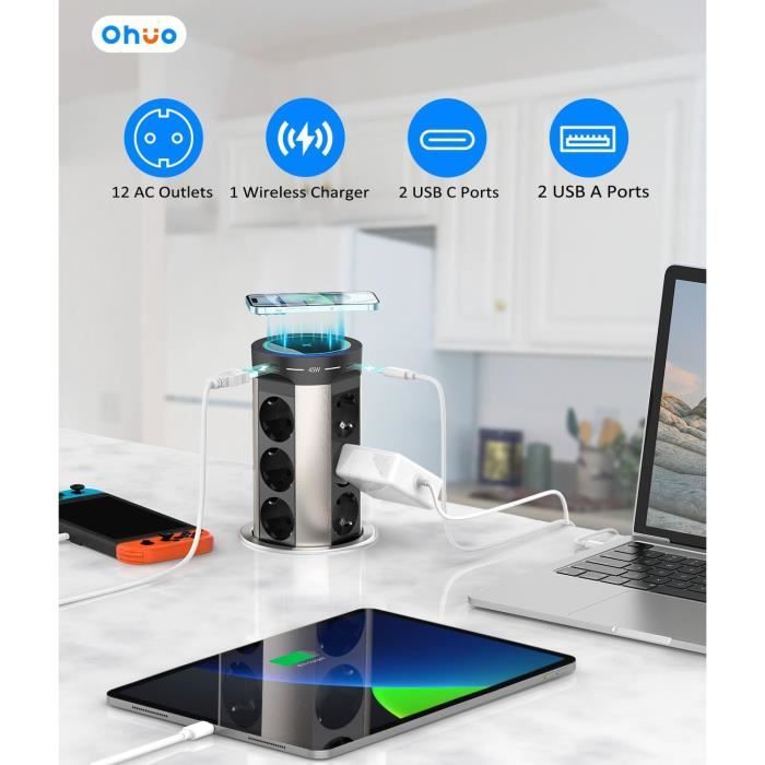 Multiprise Rétractable 12 Prises Avec Chargeur Sans Fil 15W, Cuisine ...