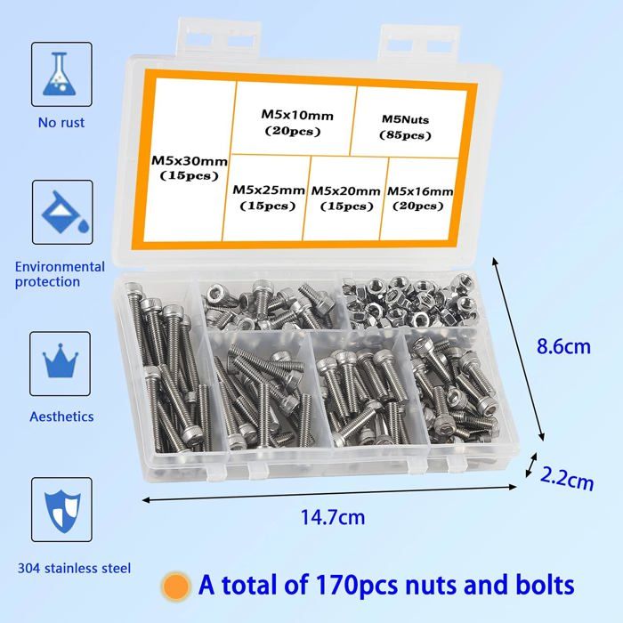 M5 Vis Inox,Visserie,Vis Autoforeuse Metal 304 Kit En Acier Inoxydable ...