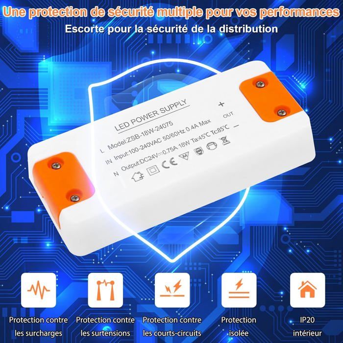 Transformateur 220V 24V, LED Driver 0.75A 18W, Alimentation 24V ...