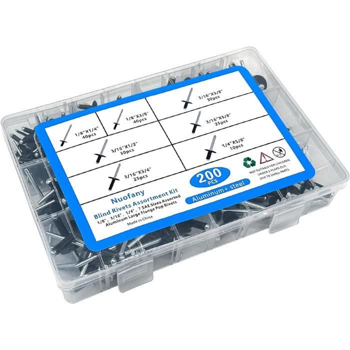 Assortiment de 200 rivets noirs - 7 tailles - Rivets aveugles en ...
