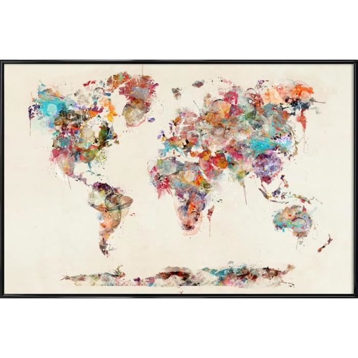 World Map Watercolor - Affiche encadrée noir - 20x30 cm - Cartographie ...
