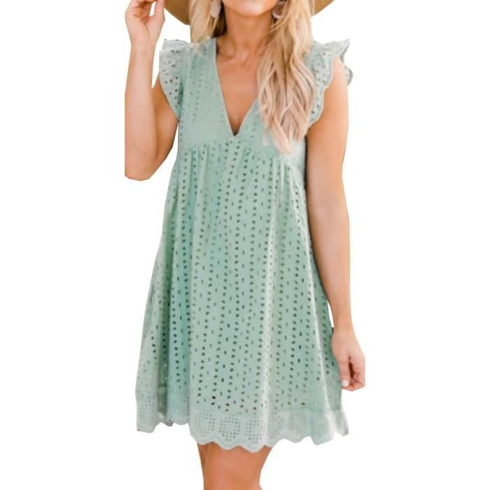 Dames Vintage Robe Femmes Dentelle Robes D'Été Courtes Col en V Casual ...