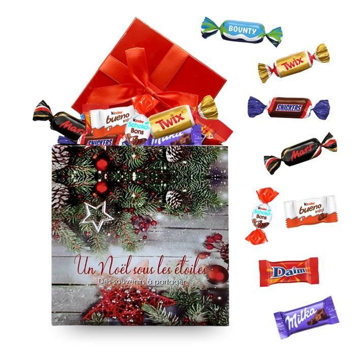 Boite carrée décor Noël garnie de 55 chocolats Kinder, Daim, Milka ...