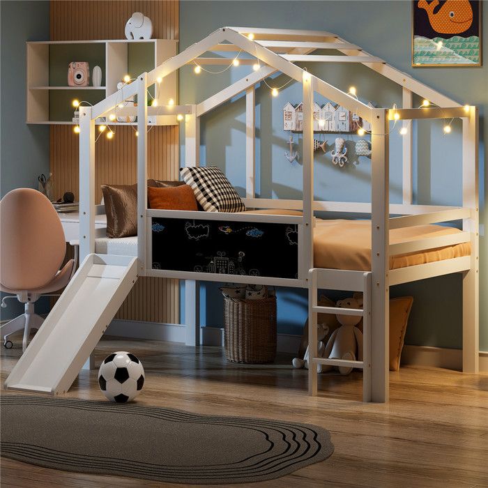 Lit cabane enfant 90x200 avec toboggan et tableau, lit mezzanine bas ...
