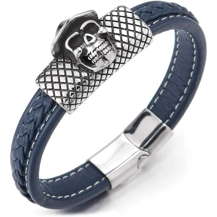 Homme Bleu Cuir Tressé Envelopper Bracelet Homme Femme - Acier Cowboy ...