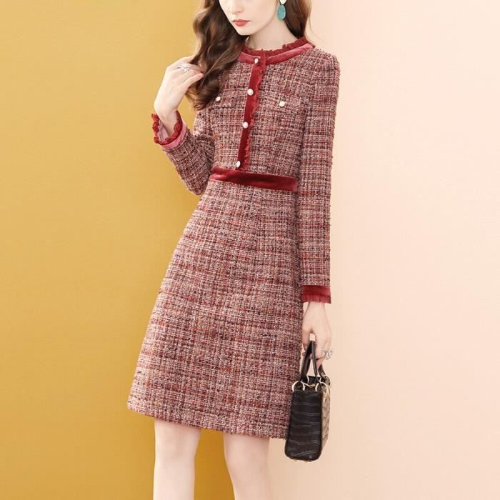 CRAZE Femmes Vintage Tweed Vin Robe Diamants À Volants Robes Plaid ...