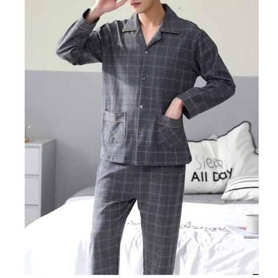 Pyjama Homme Carreau Coton Longue Pyjama Ensemble Haut et Bas Vêtement ...