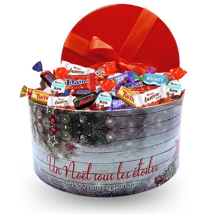 Boite à chapeau décor Noël garnie de 80 chocolats Kinder, Daim, Milka ...