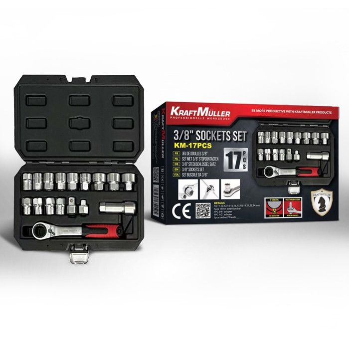 Coffret de douilles Kraft Müller 3/8" avec cliquet 72 dents Kraft Muller KM-17PCS, de 10 à 22 ...
