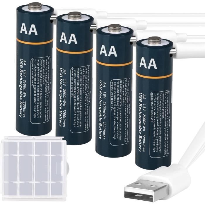 Lot De 4 Piles Au Lithium Aa Usb C 1,5 V 1,5 V 2600 Mwh Charge Rapide 2 ...