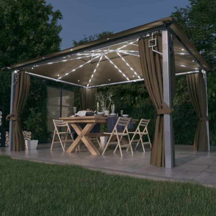 ZJCHAO - Tonnelle avec rideau et lumières LED 4x3 m Taupe Aluminium ...
