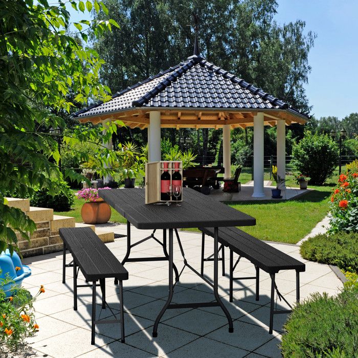 Relaxdays Ensemble table pliante et 2 bancs, pour jardin, pavillon ou ...