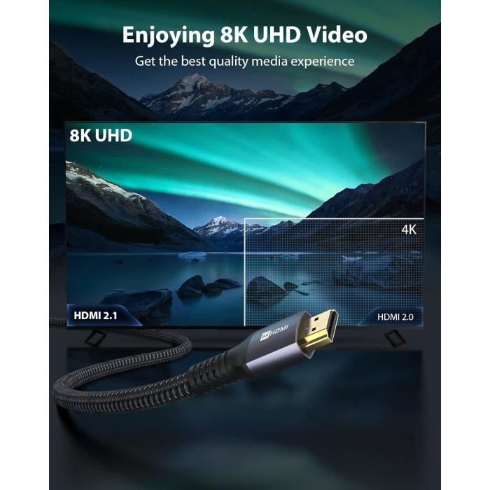 Câble Hdmi 2.1 1.2M, 8K Ultra Hd 48Gbps Haute Vitesse 8K60 4K120 144Hz ...