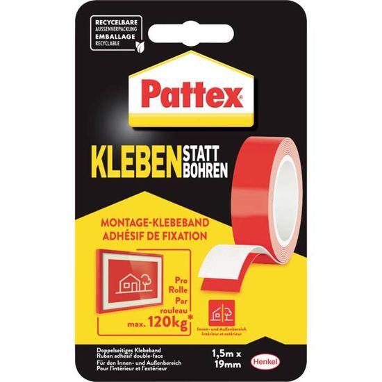 Ruban adhésif double-face Pattex PXMT2 blanc (L x l) 1.5 m x 19 mm 1 pc(s) - Cdiscount Bricolage