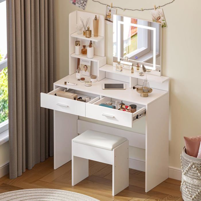 Coiffeuse avec miroir lumineux LED dimmable, coiffeuse moderne avec 5 ...