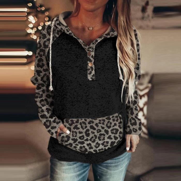 Pull à capuche à manches longues et imprimé léopard pour femmes Noir ...
