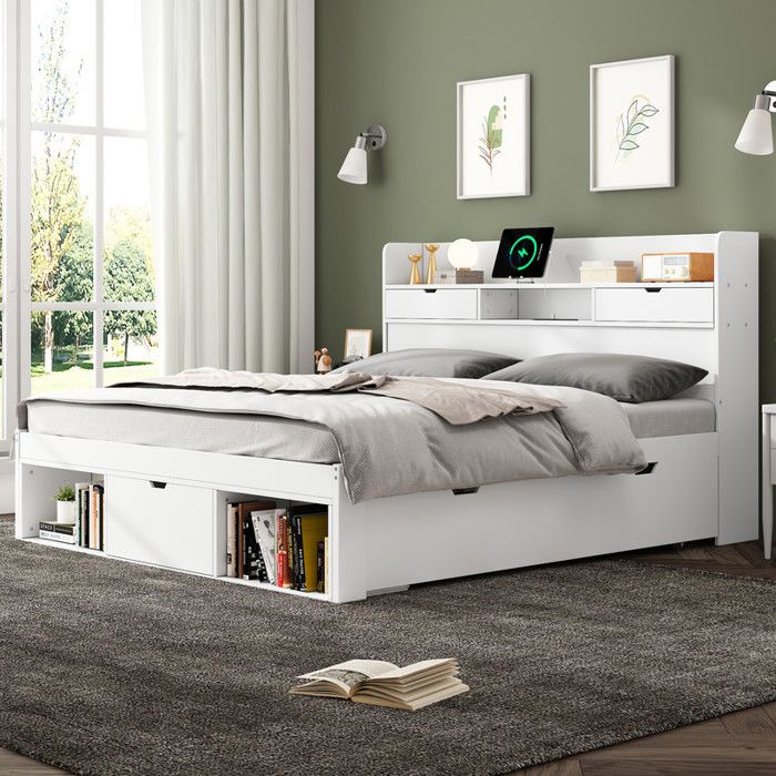 Lit double 140x190 cm avec USB et tiroirs,lit adulte/enfant avec grand ...