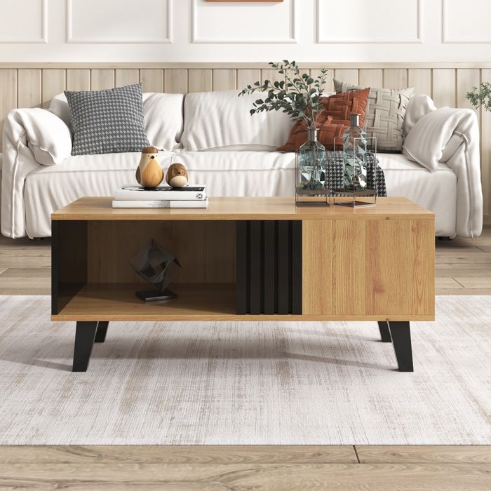 Table Basse Élégante en Rectangle, 100x60x45cm, Bois et Noir, Table de ...