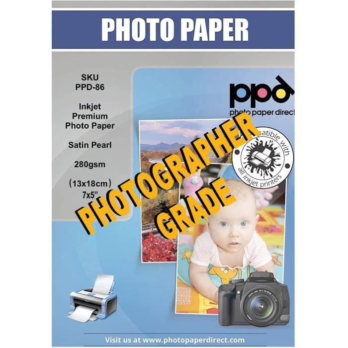 Papier Photo Super Premium Satiné 280g Jet d'Encre - SSS - PPD 5x7" x 100 - Séchage Rapide et ...