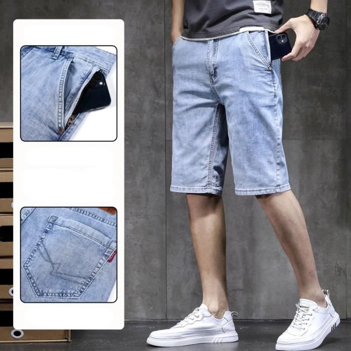 Short Homme en Jeans Avec Poche zippée Antivol Short Denim Multi-poches ...