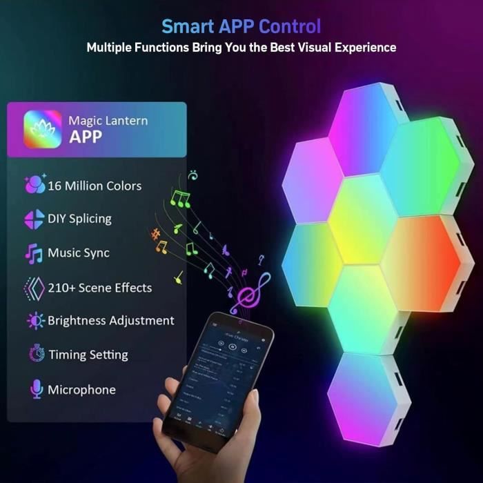 8Pcs Panneau Led Hexagone Gaming Murale Lampe, Smart Deco Music Sync ...