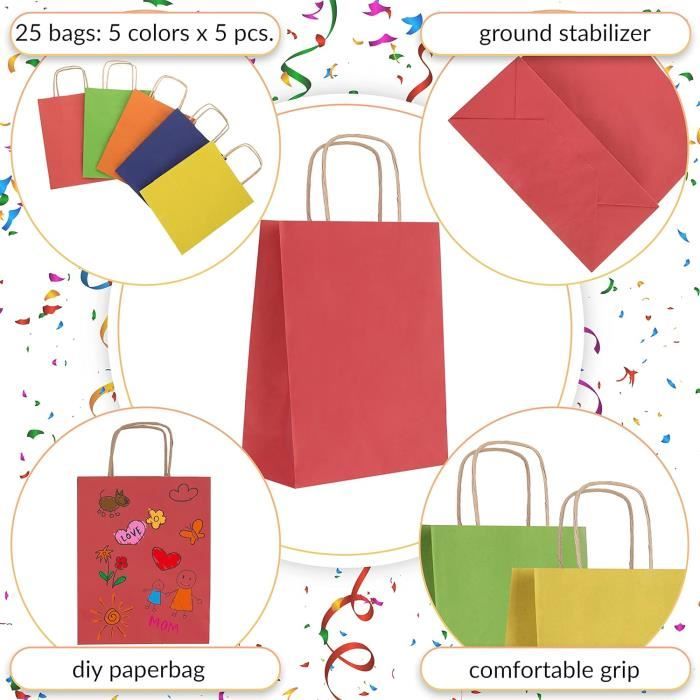 PAKNOR Lot de 25 sacs en papier colorés avec anse - 18 x 22 x 8 cm ...