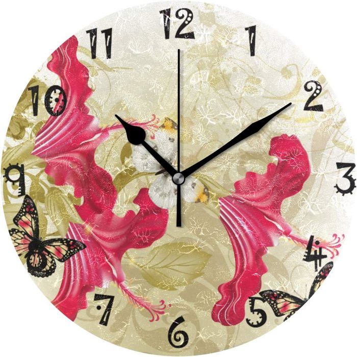 Fleur Rouge De Papillon Pendule Murale Décoratif Moderne Horloge De Mur ...