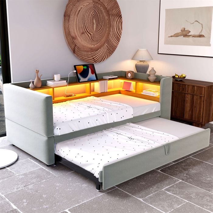 Lit Gigogne 2 Place 90×190, Lit avec Rangement et LED pour Adulte Ado ...