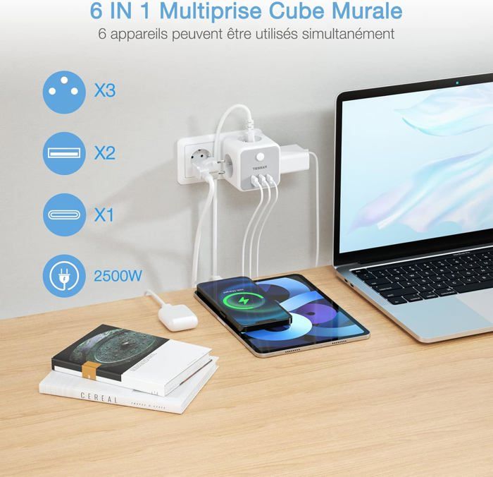 6 En 1 Chargeur Usb Murale Prise, Multiple Française 3 Sortie Ac Avec 3 ...
