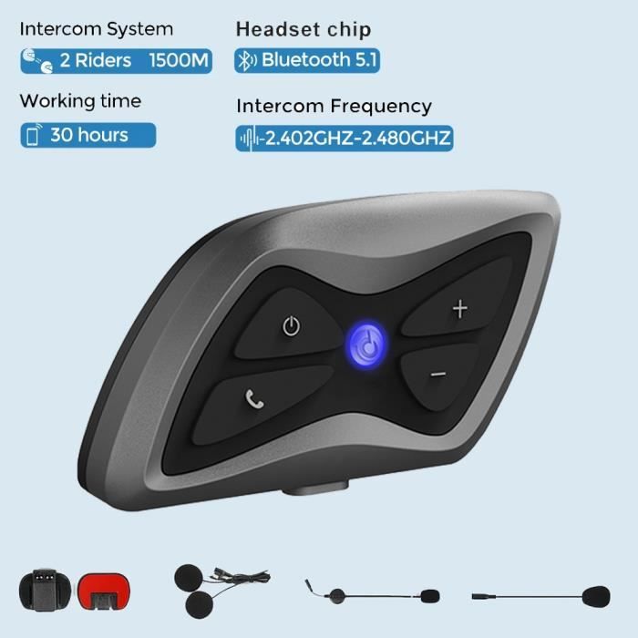 Intercom Moto Bluetooth - Kit Casque Moto Interphone Sans Fil - 1500m Etanche IP65 - Contrôler ...