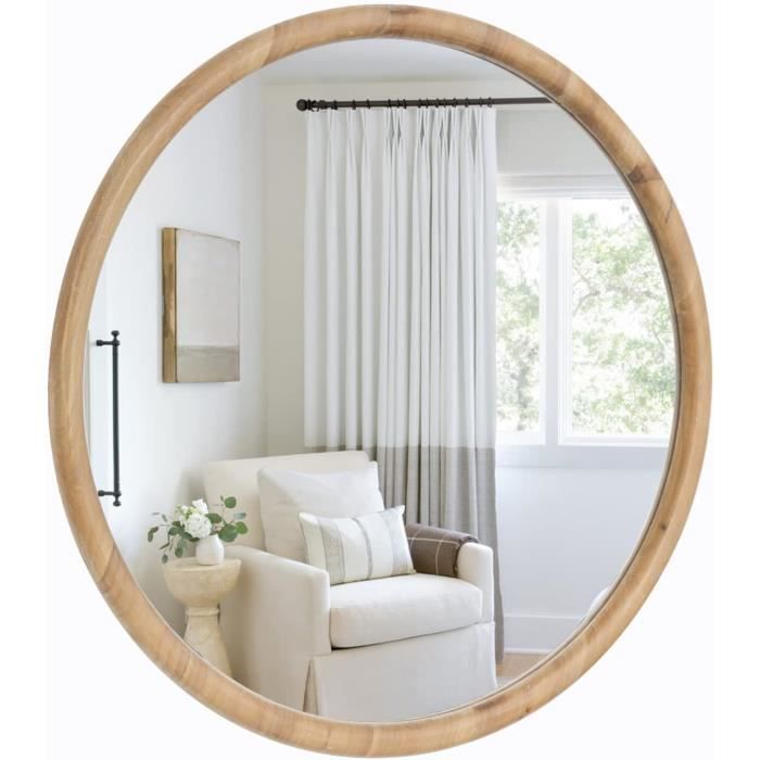 Miroir Rond Mural Bois 80Cm, Miroir Rond Bois Naturel, Salle De Bain ...
