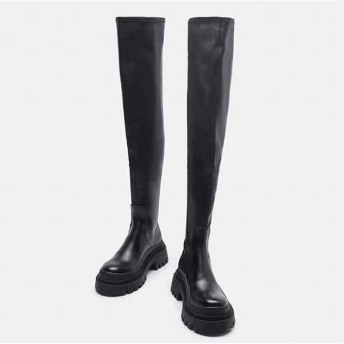 Bottes hautes femmes VITATA - Plateforme et bout rond - Cuir PU - Noir ...