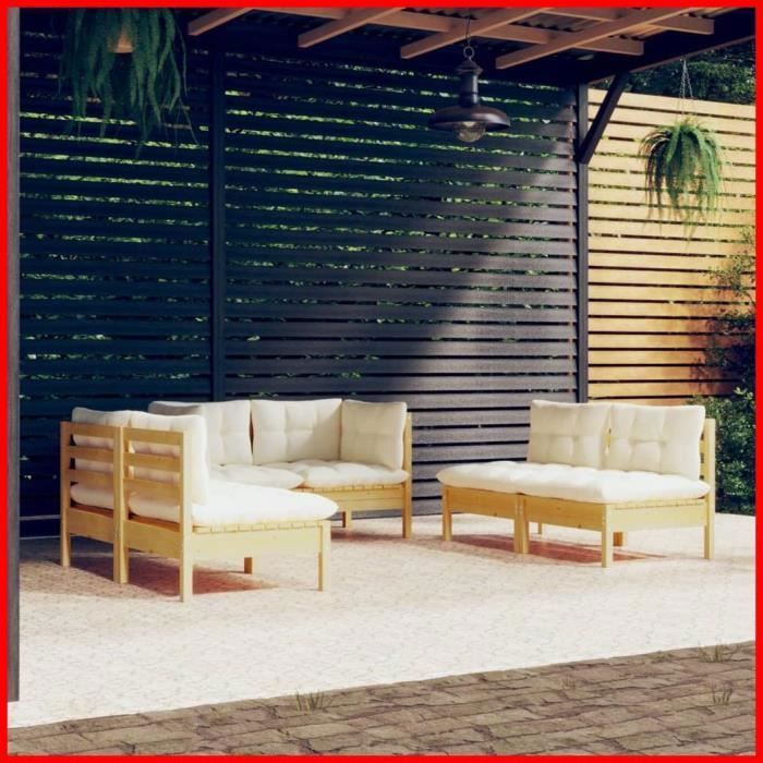 DXBK Salon de jardin 6 pcs avec coussins crème Bois de pin massif ...