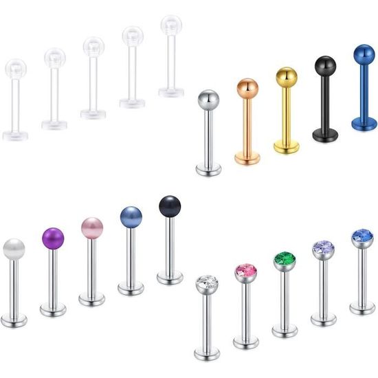20 Pièces Lèvres Stud Labret Bars 16G 6-8-10Mm Acier Inoxydable Plastique Monroe Medusa Tragus ...
