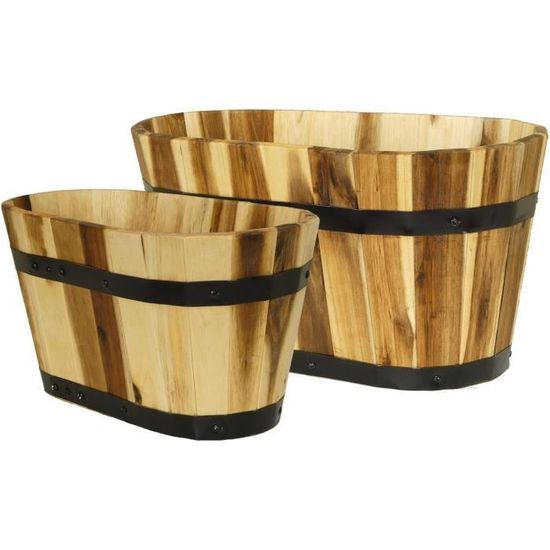 Pot de fleurs en bois d'acacia et chêne - TRAHOO - Ovale - Noir ...