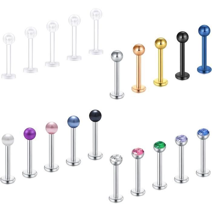 20 Pièces Lèvres Stud Labret Bars 16G 6-8-10Mm Acier Inoxydable Plastique Monroe Medusa Tragus ...
