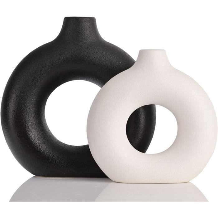 Lot De 2 Vases En Céramique, Vase Rond Creux En Forme De Beignet Noir ...