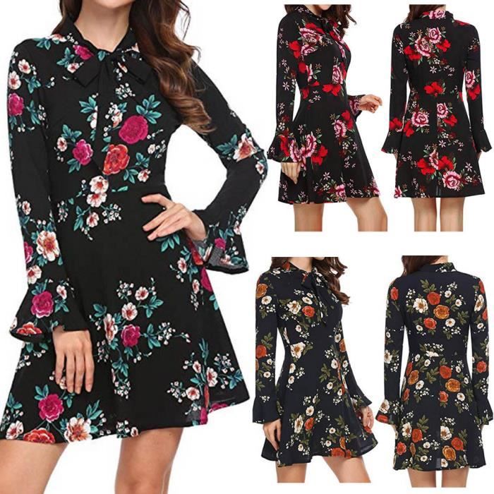 Mini robe évasée à manches longues avec nœud à col rond et imprimé ...