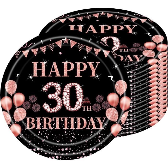 16 Pcs Assiette Jetable 9 Pouces Assiette Anniversaire Noir Rose Or ...