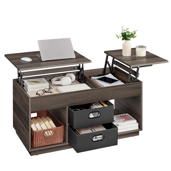 Table basse avec deux tiroirs en tissu, double relevage, marron sapin ...