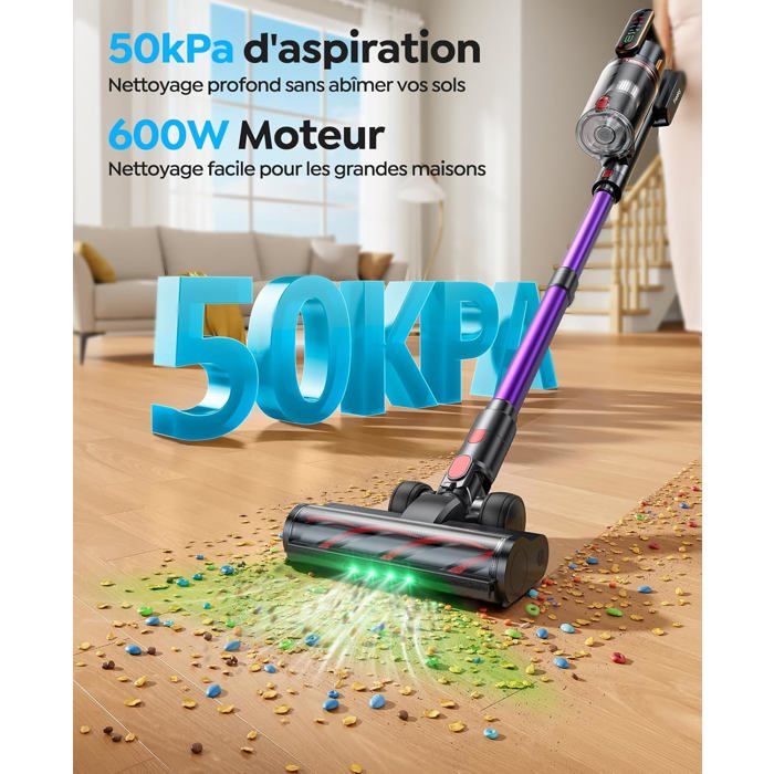 Aspirateur balai sans fil puissant - CACTOSE - 50Kpa - 600W - Autonomie ...