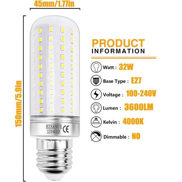 LED Ampoule à Maïs 32W, E27 Edison Vis Ampoules, 4000K Blanc Neutre, 3600LM, 240W Équivalent ...