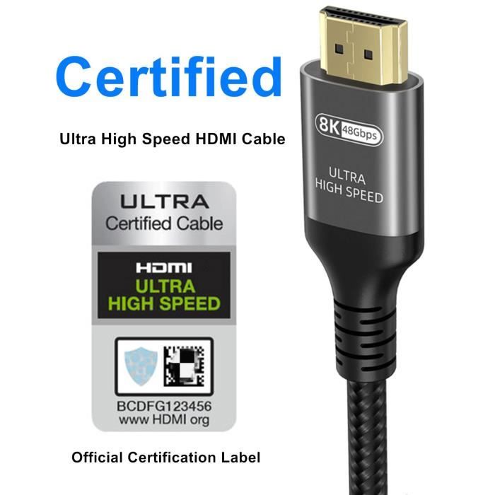 10K 8K 4K Câble HDMI 0.5m, Certifié Ultra Haut Débit HDMI 2.1 Câble 4k ...