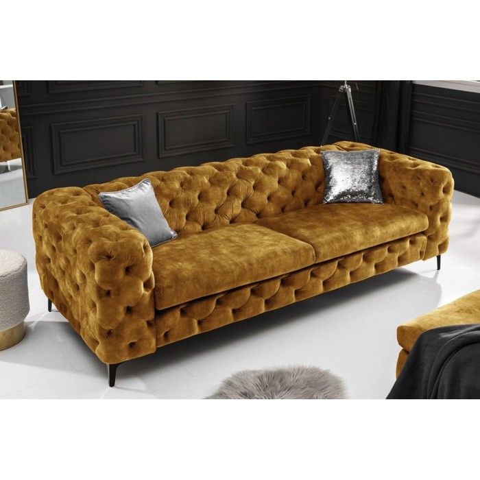 Canapé droit VELENA jaune moutarde – Canapé baroque en velours avec ...