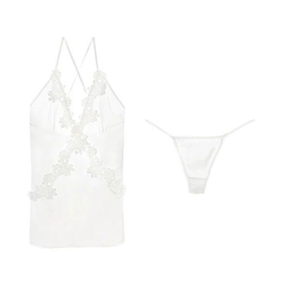 Meet'r-Chemise de nuit dos nu brodée en satin pour femmes,pyjama à col ...