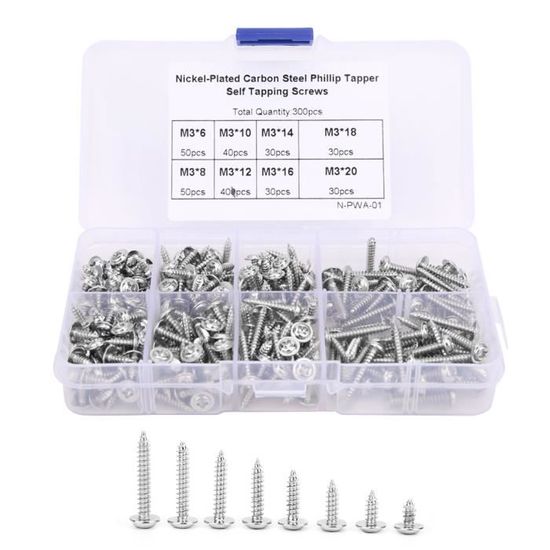 YOSOO Lot de 300 Vis Tôle Auto-perceuses en Acier au Carbone Plaqué Nickel M3 - Cdiscount Bricolage