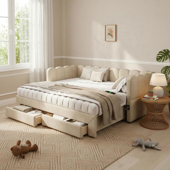 Lit Banquette Extensible 90x190 en 180x190 avec 2 Tiroirs, Ports USB et ...